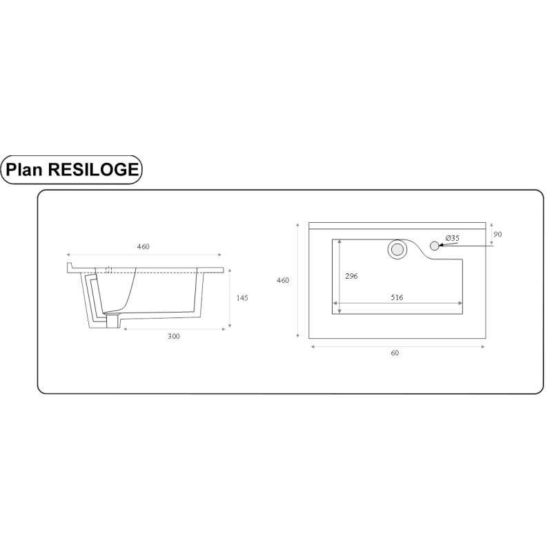 Plan simple vasque design 60 cm x 46 cm RESILOGE
