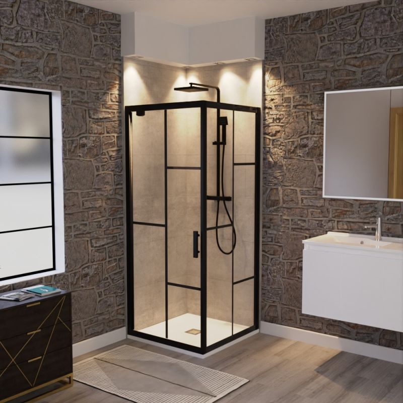 Paroi de douche d'angle 80x80 cm avec retour fixe - ATELIA noir mat ...