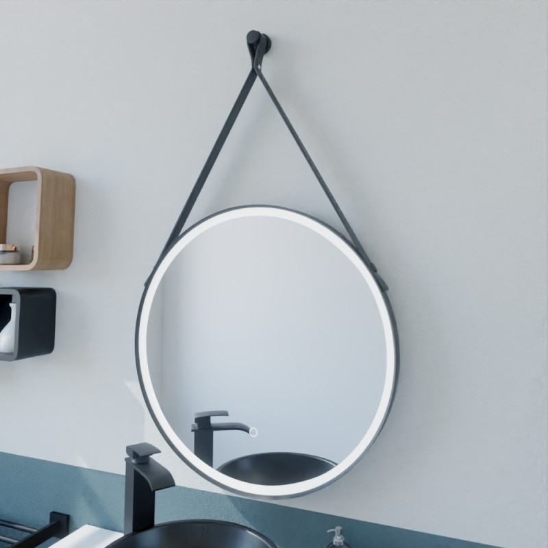 Miroir salle de bain LED rond avec lanière cuir et cadre noir RING 60 cm
