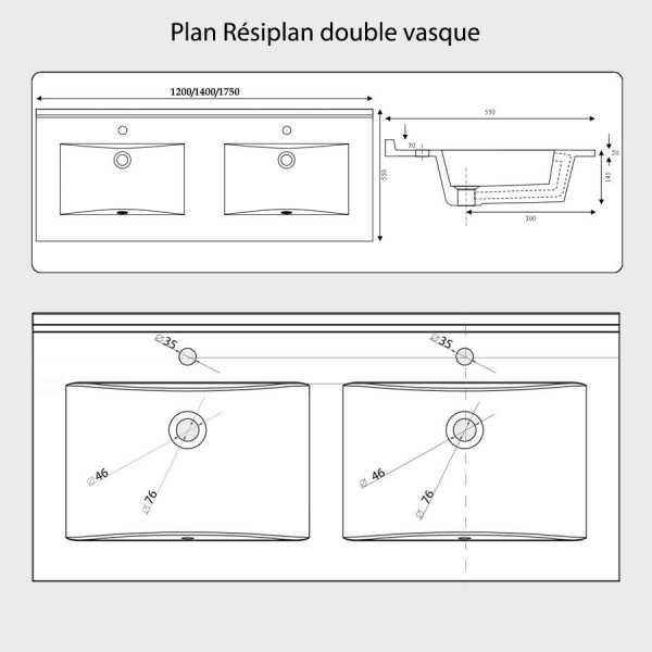 Plan vasque 140 cm x 55 cm, 2 vasques, RESIPLAN