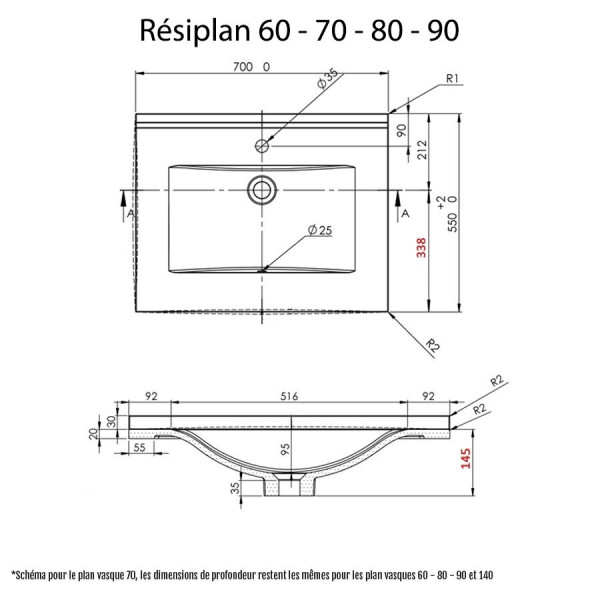 Plan vasque 60 cm x 55 cm en résine blanche RESIPLAN