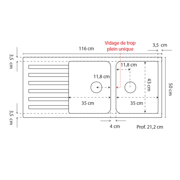 Evier en résine, double bac + égouttoir, 116 cm gris - RESIROC